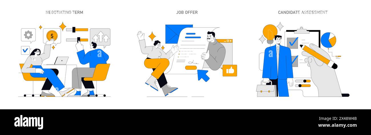 Recruiting set. Stages of hiring process from negotiation to job offer ...