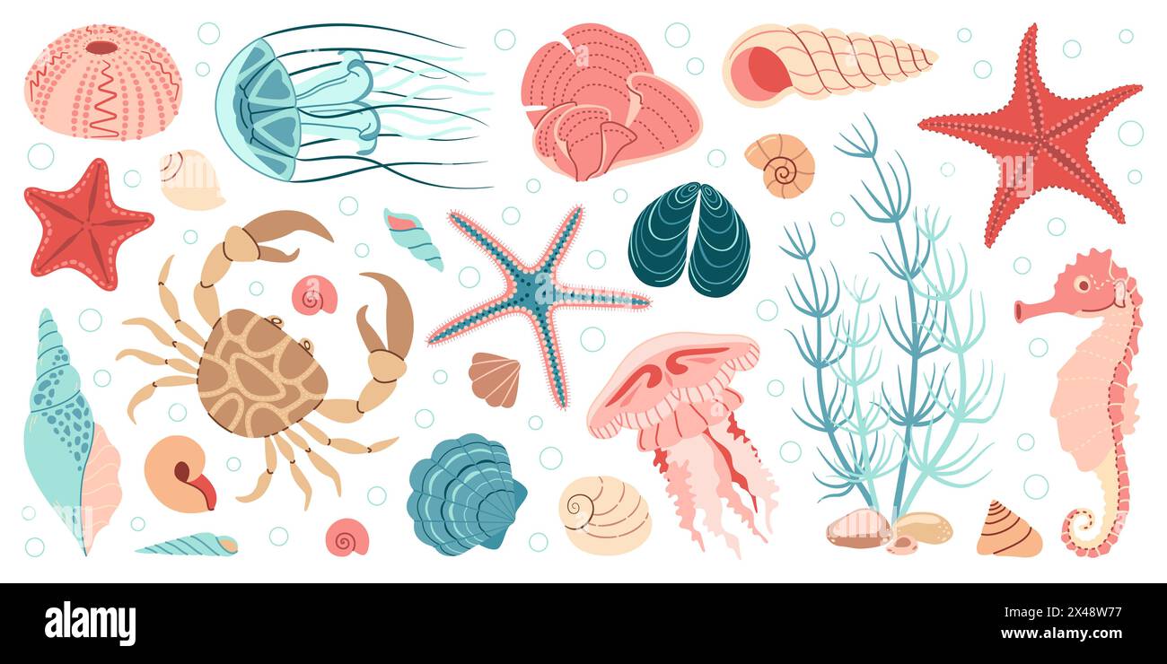 Hand drawn cartoon sea life elements set. Aquatic animals, anemones ...