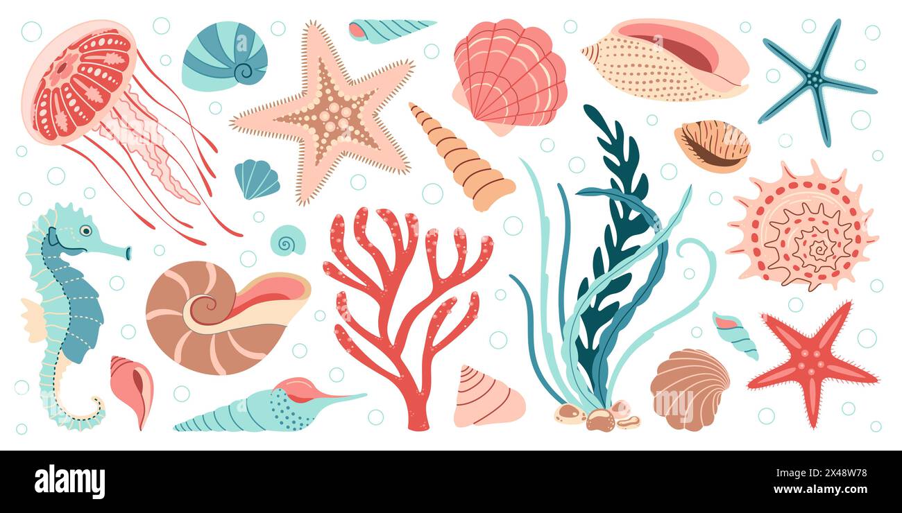 Hand drawn cartoon sea life elements set. Aquatic animals, anemones ...