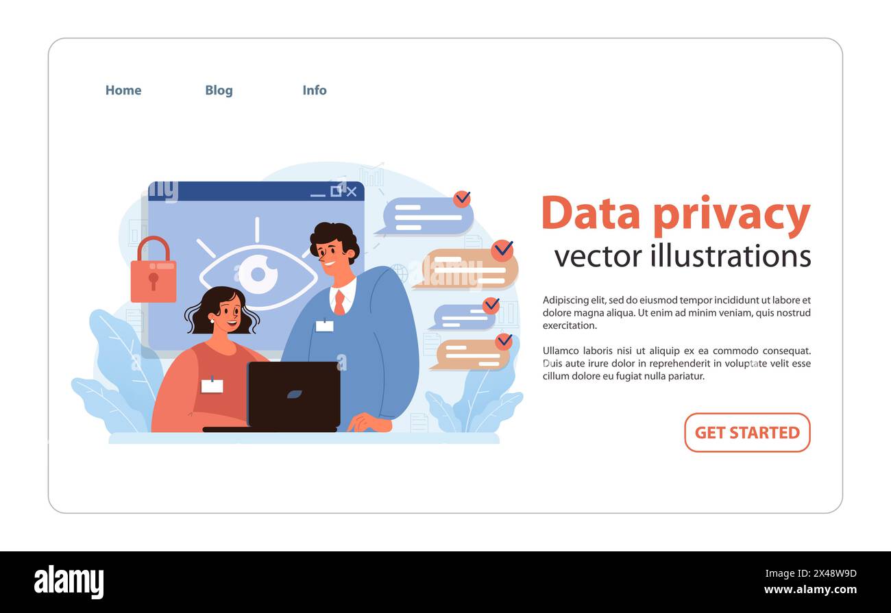 Data privacy concept. A diligent woman at her laptop and an assisting ...