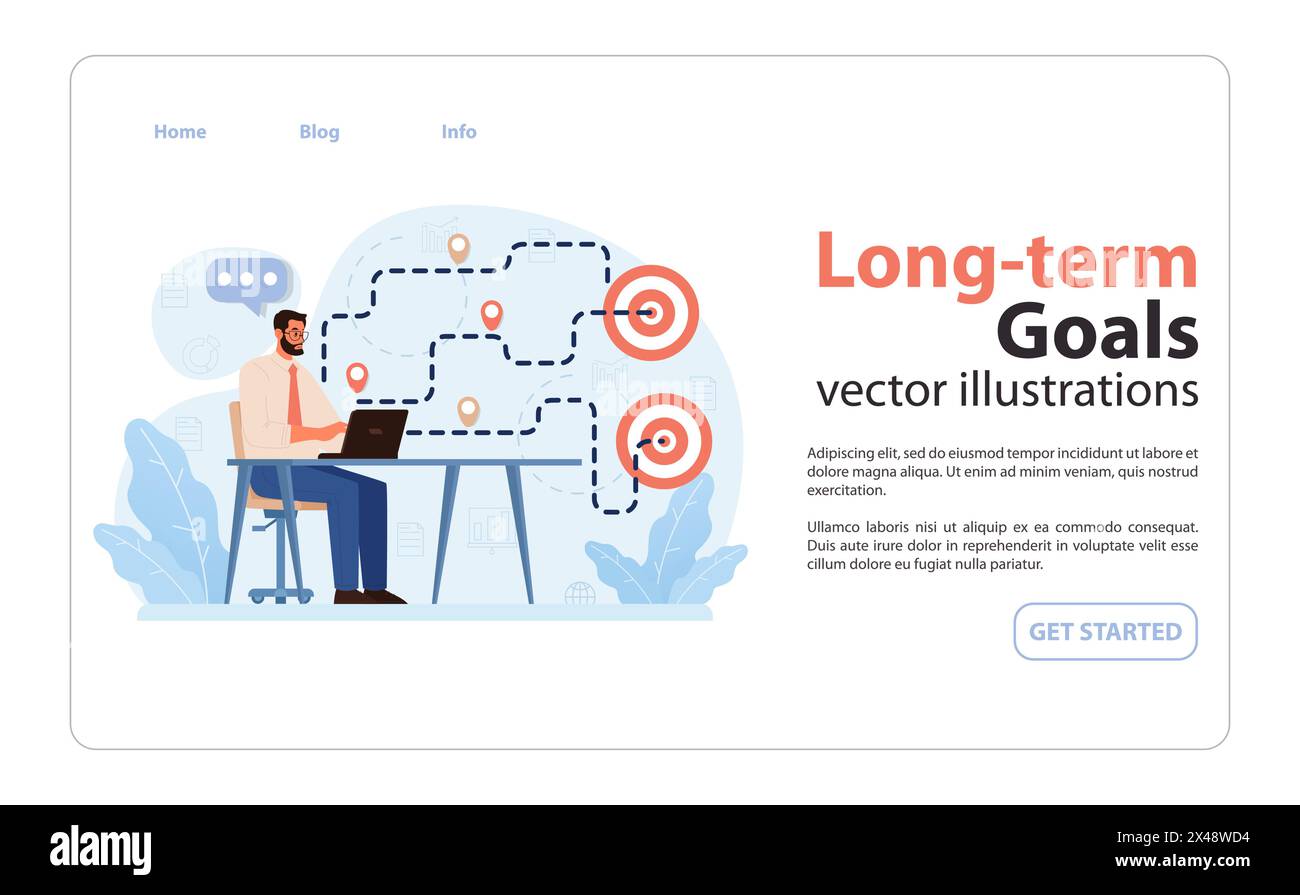 Long-term Goals concept. Man at desk visualizing future targets with ...