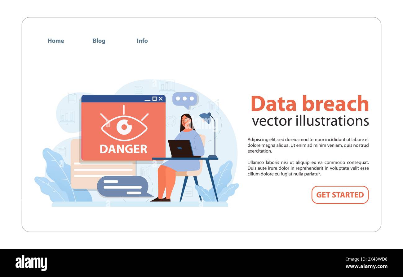 Data breach concept. A concerned woman at her desk faces a computer screen flashing DANGER ...