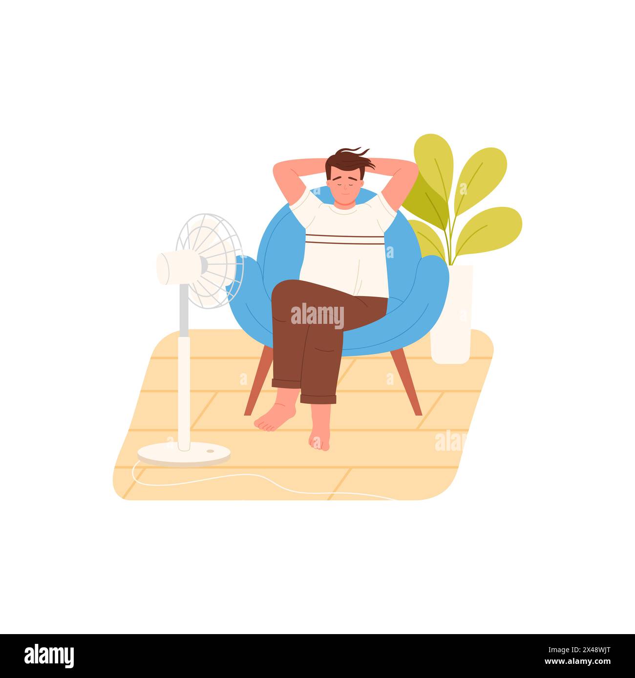 Young man sitting in home armchair near electric fan, summer relax time ...
