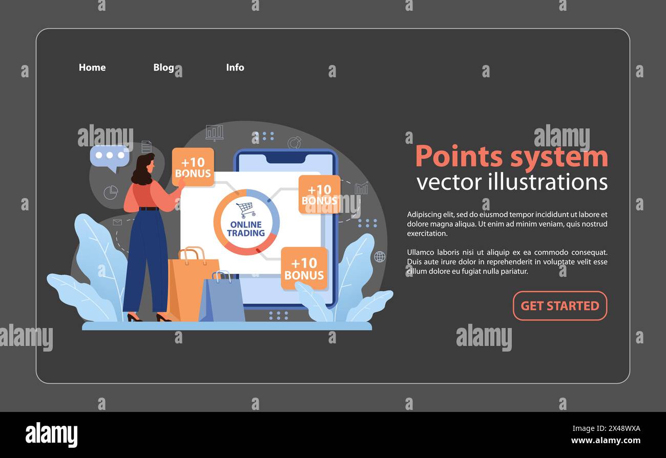 Points system concept. Woman interacts with online trading platform, earning bonus points for ...