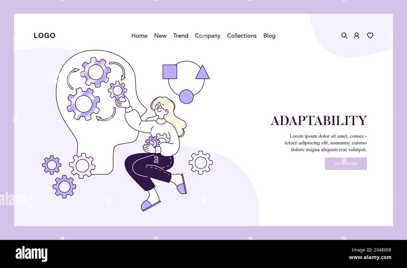 Adaptability concept. Illustration of a woman fitting gears into a head ...