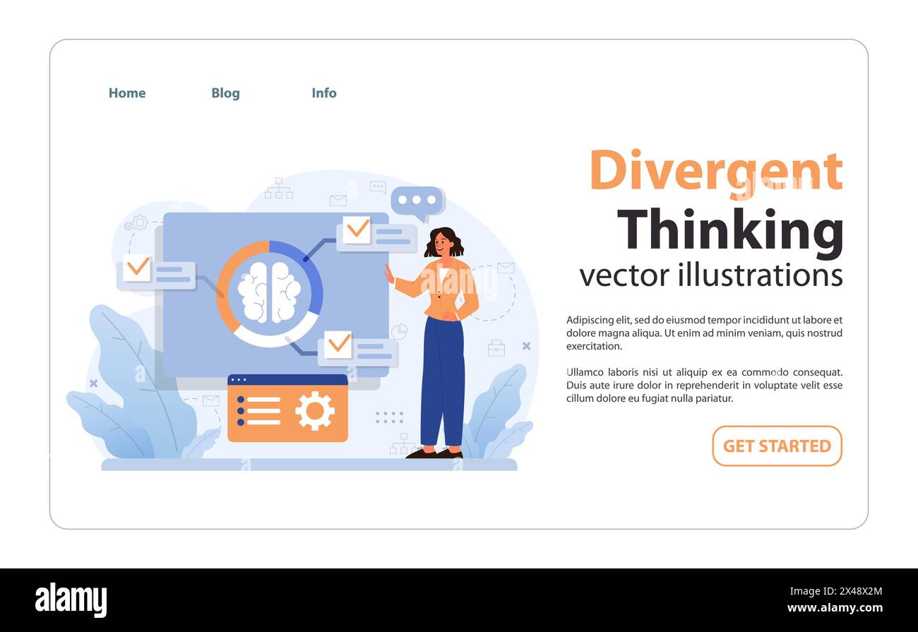 Divergent thinking visualization. Woman presenting a brain diagram on a ...