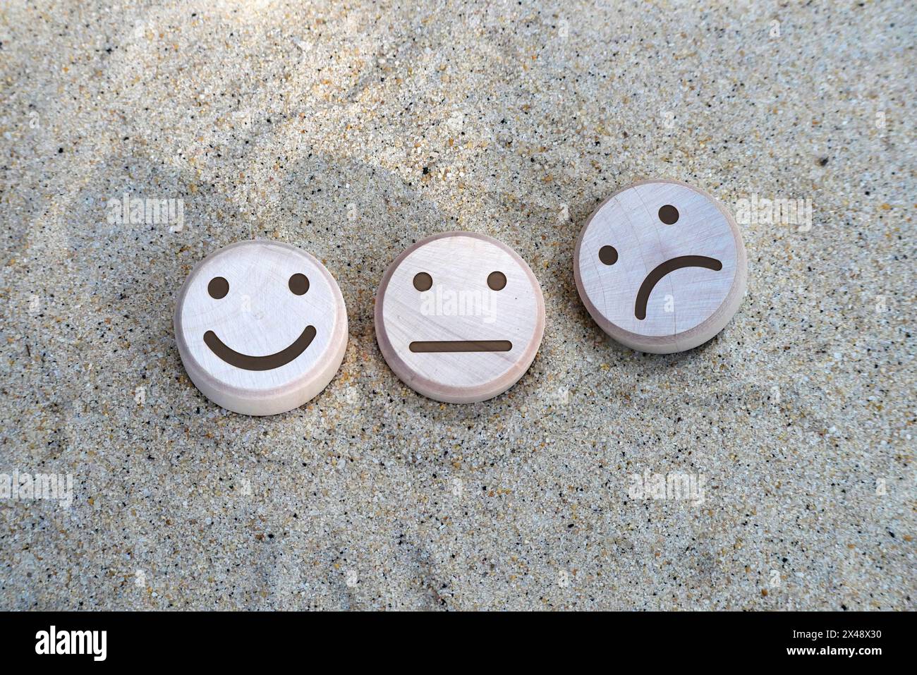 wooden smiley faces on the sand. concept for Service rating ...