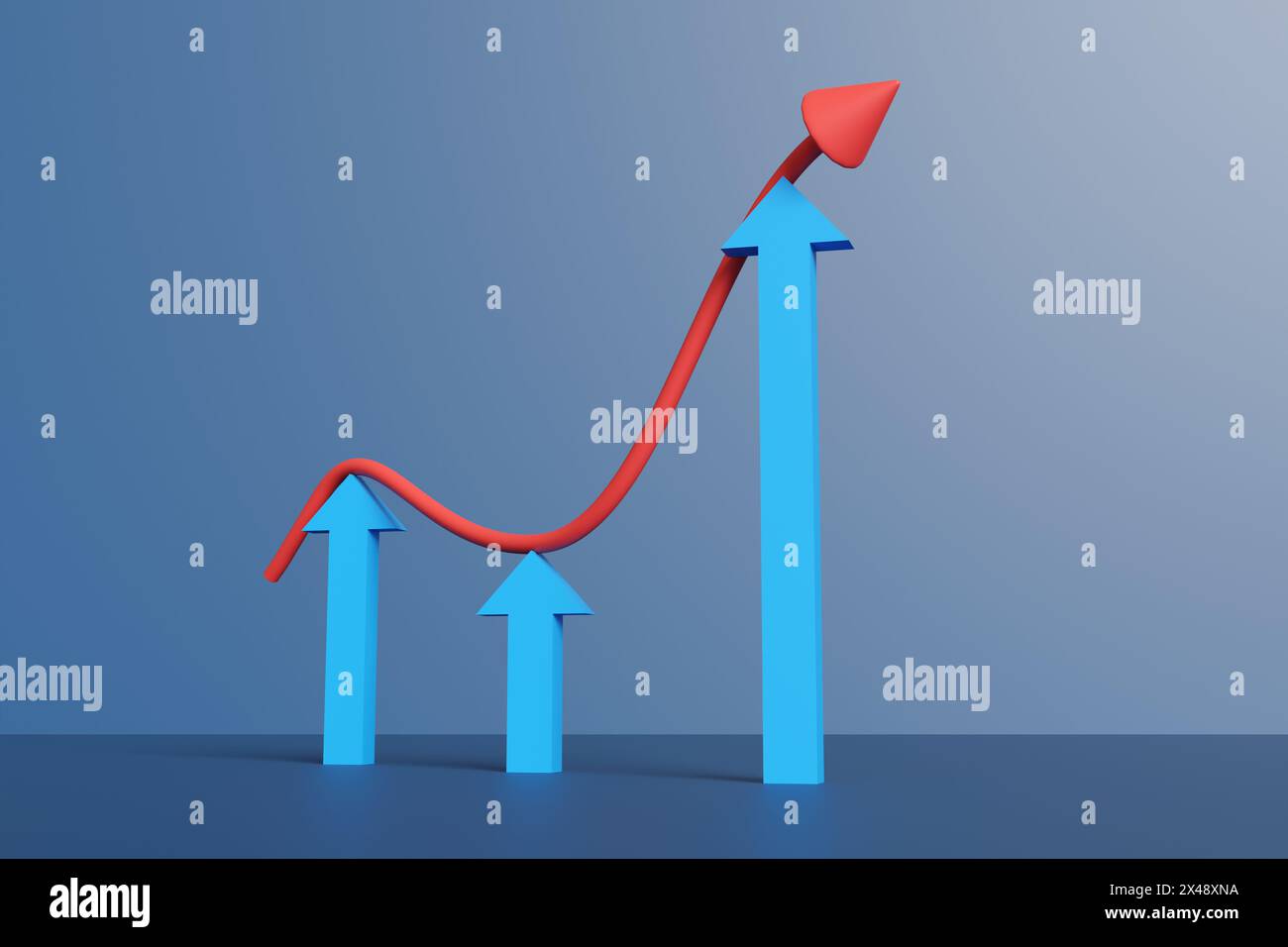 Moving up red line curve supported by blue upward arrows in blue ...