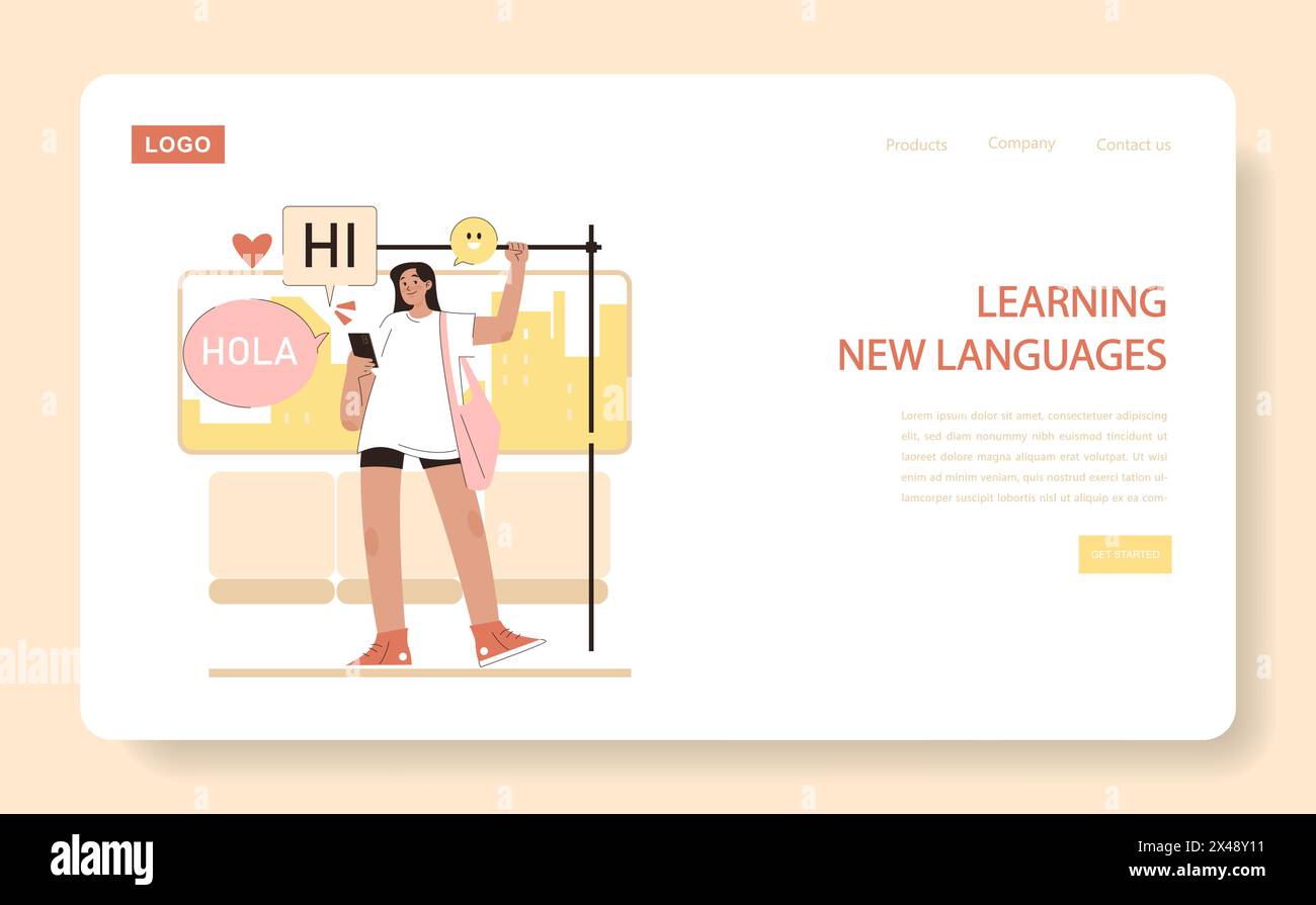 Language learning website concept. A woman uses an app to study Spanish ...