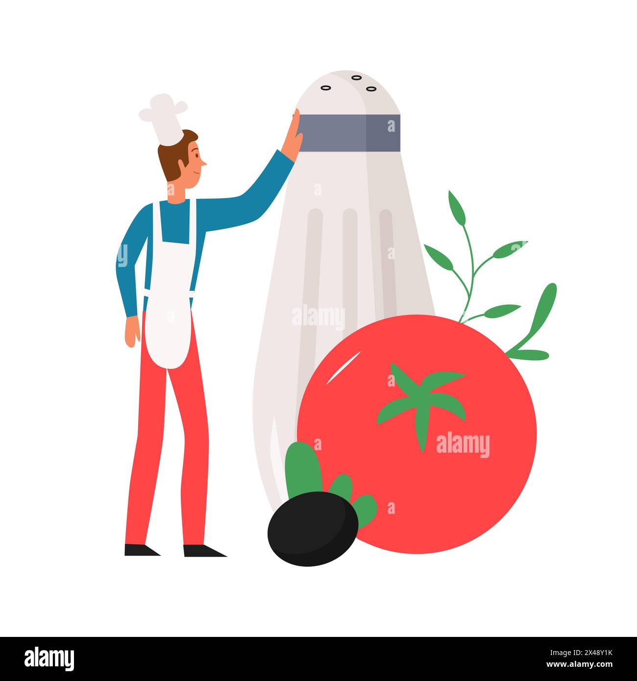 Tiny character in chefs hat and apron standing next to salt shaker and ...
