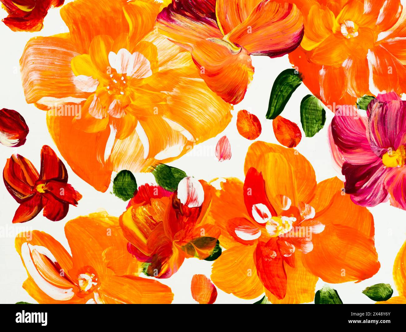 Abstract orange and red flowers, original hand drawn, impressionism ...