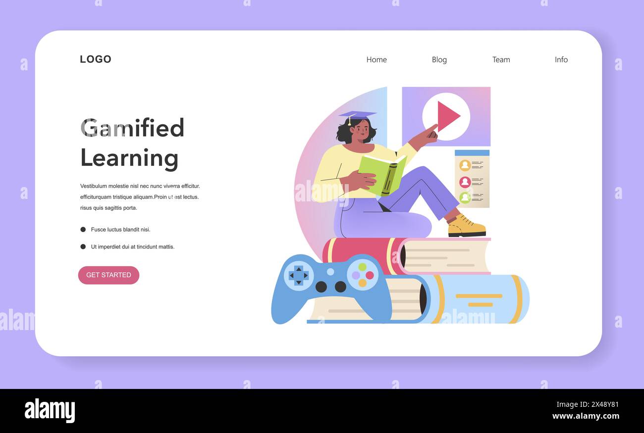 Gamified Learning concept. A young student interacts with digital ...