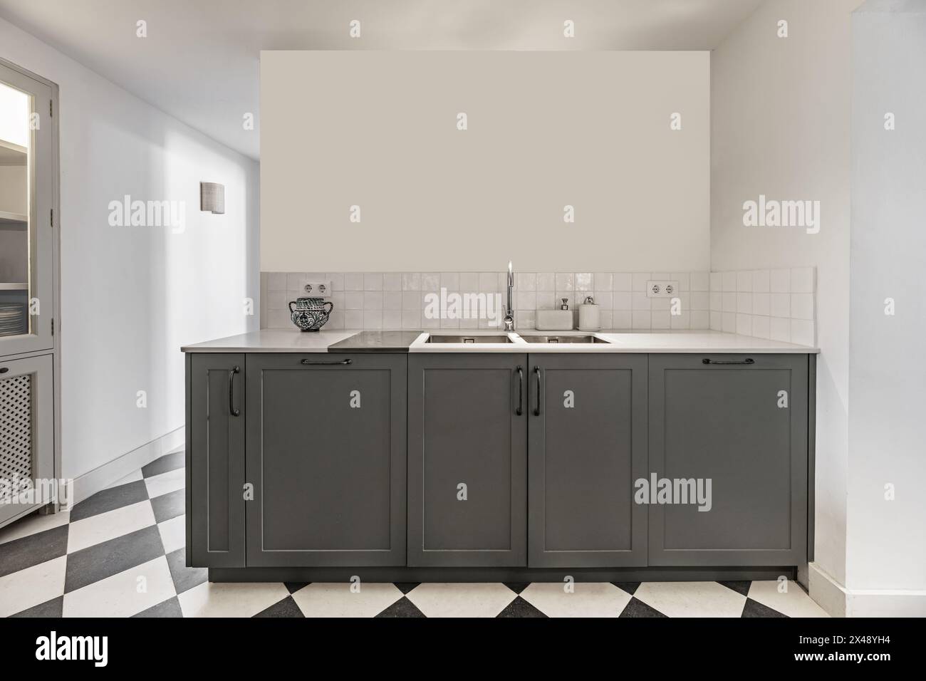 Sink and food washing area of a kitchen with checkered floors Stock ...