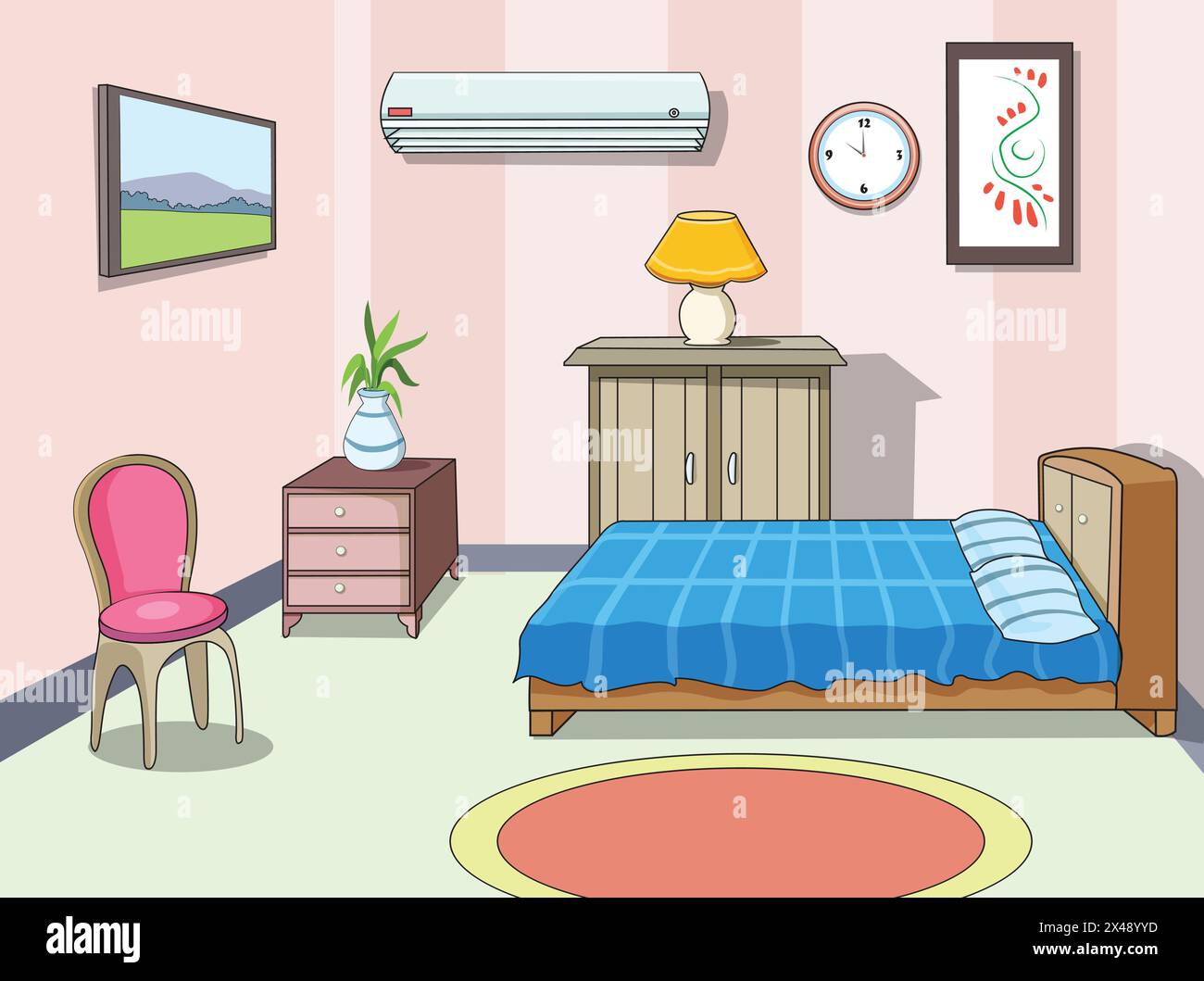Bedroom illustration showing bed, air conditioner, chair, table lamp ...