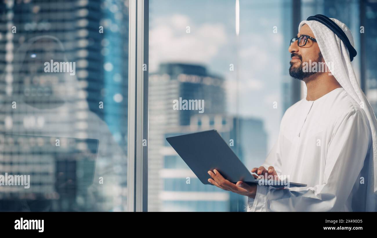 Successful Muslim Businessman in Traditional White Kandura Standing in ...