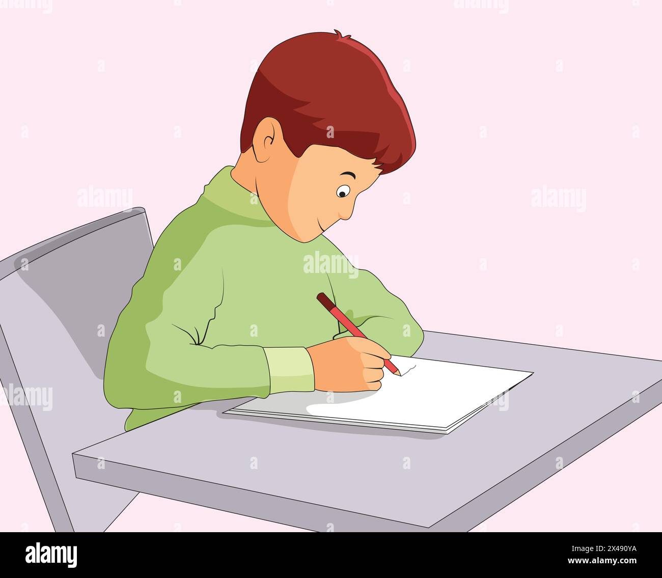 Cute boy sitting and writing on a notebook with a pen Stock Vector ...