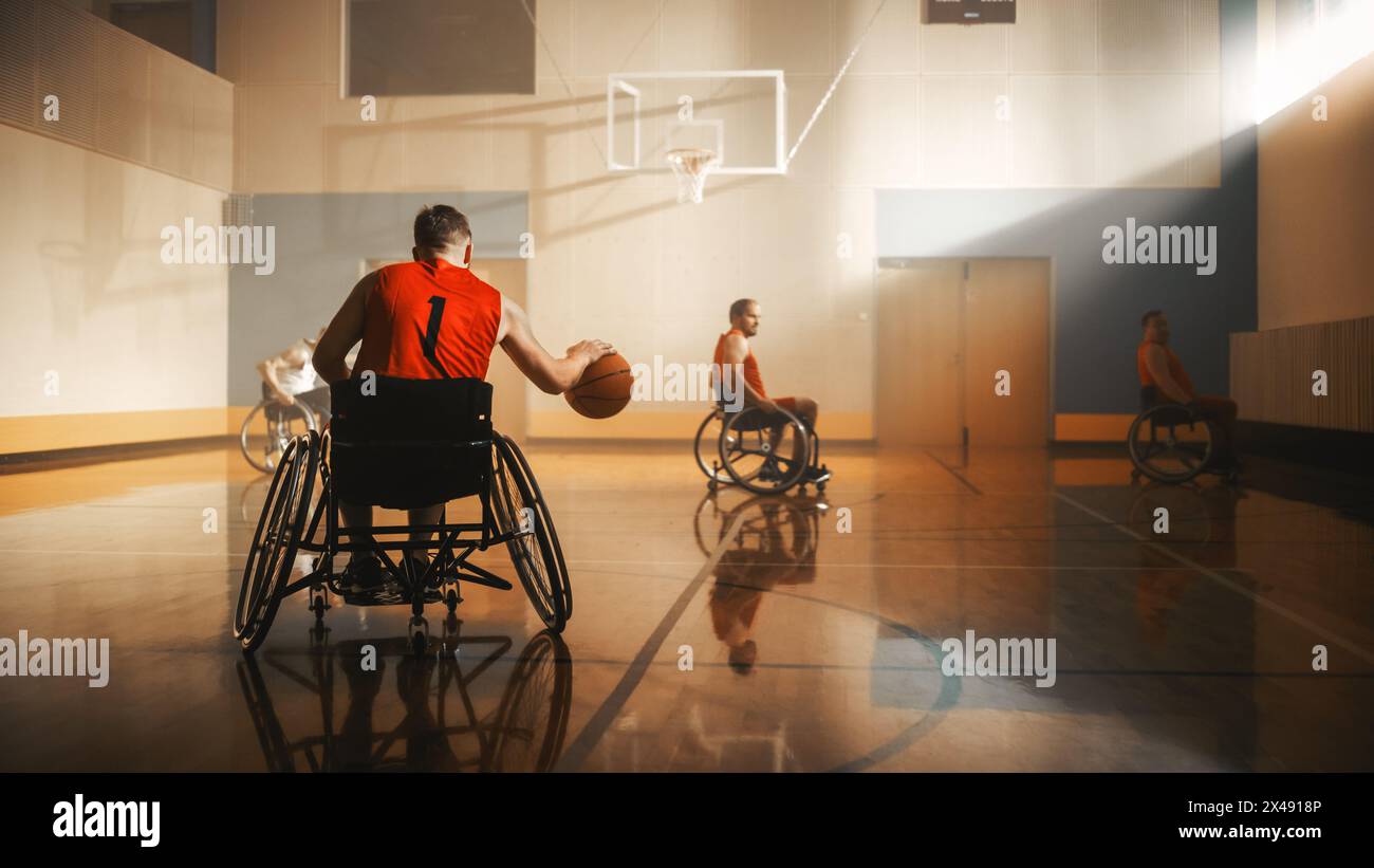 Wheelchair Basketball Game: Professional Players Competing, Dribbling ...