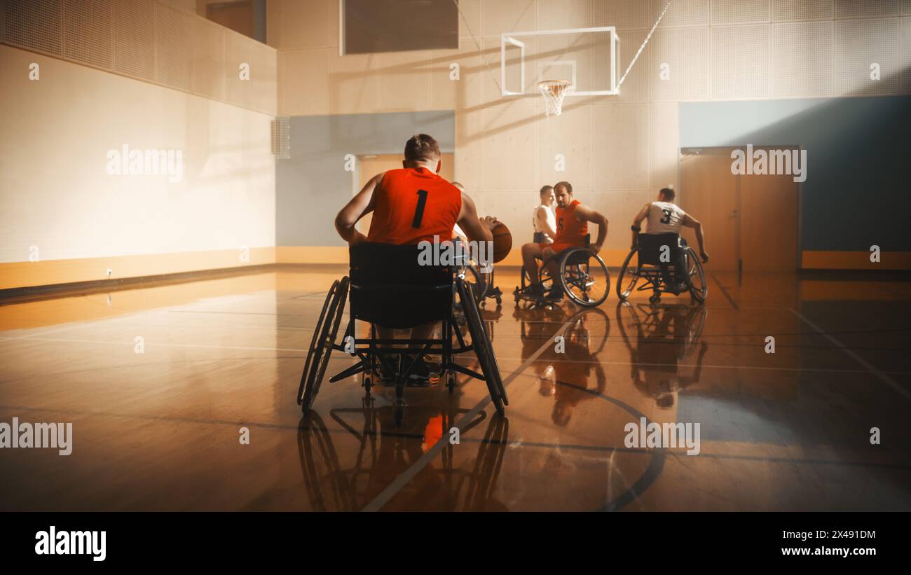 Wheelchair Basketball Game: Professional Players Competing, Dribbling ...