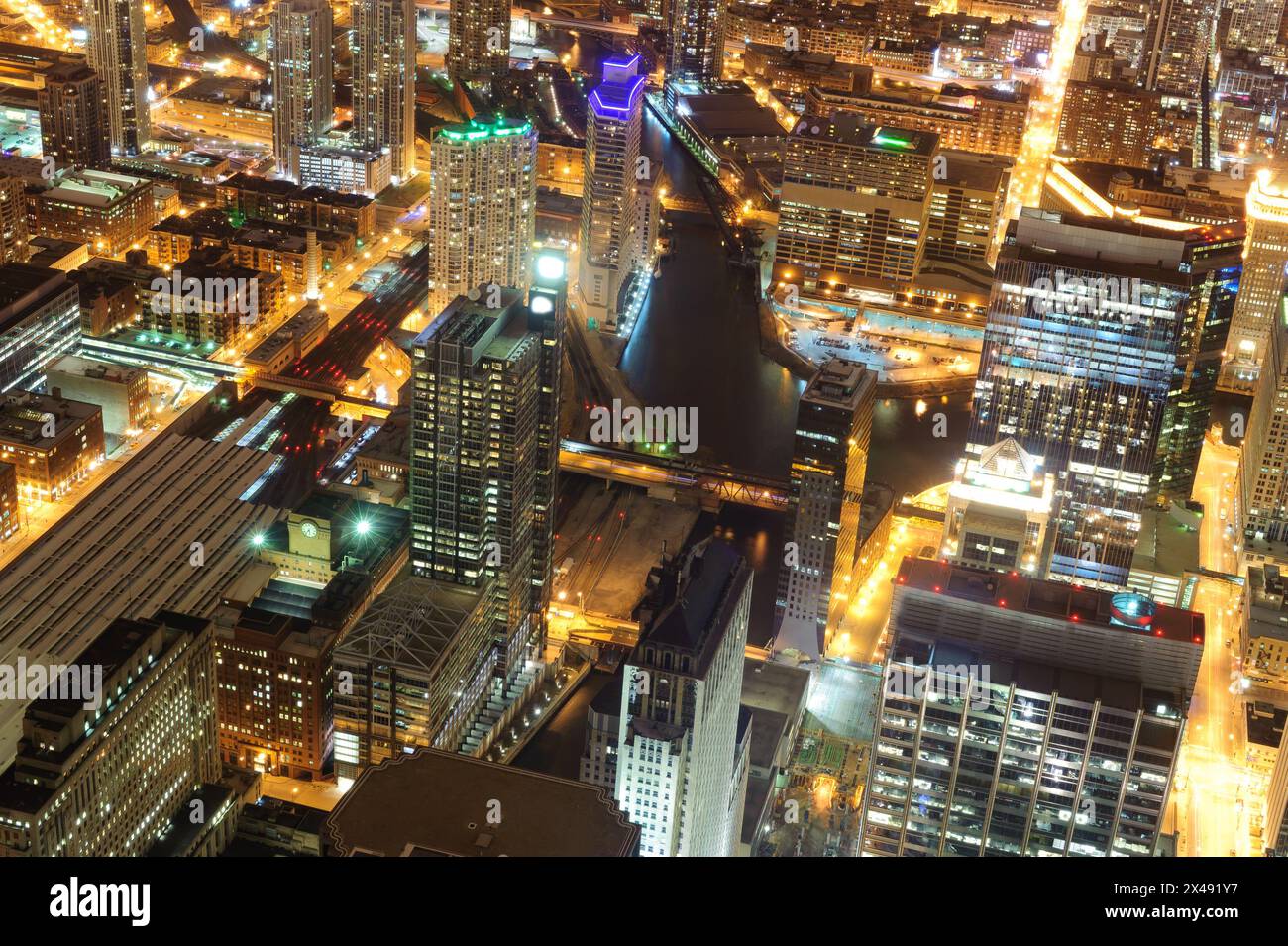 Chicago downtown skyscrapers at night. View from Willis Tower Stock ...
