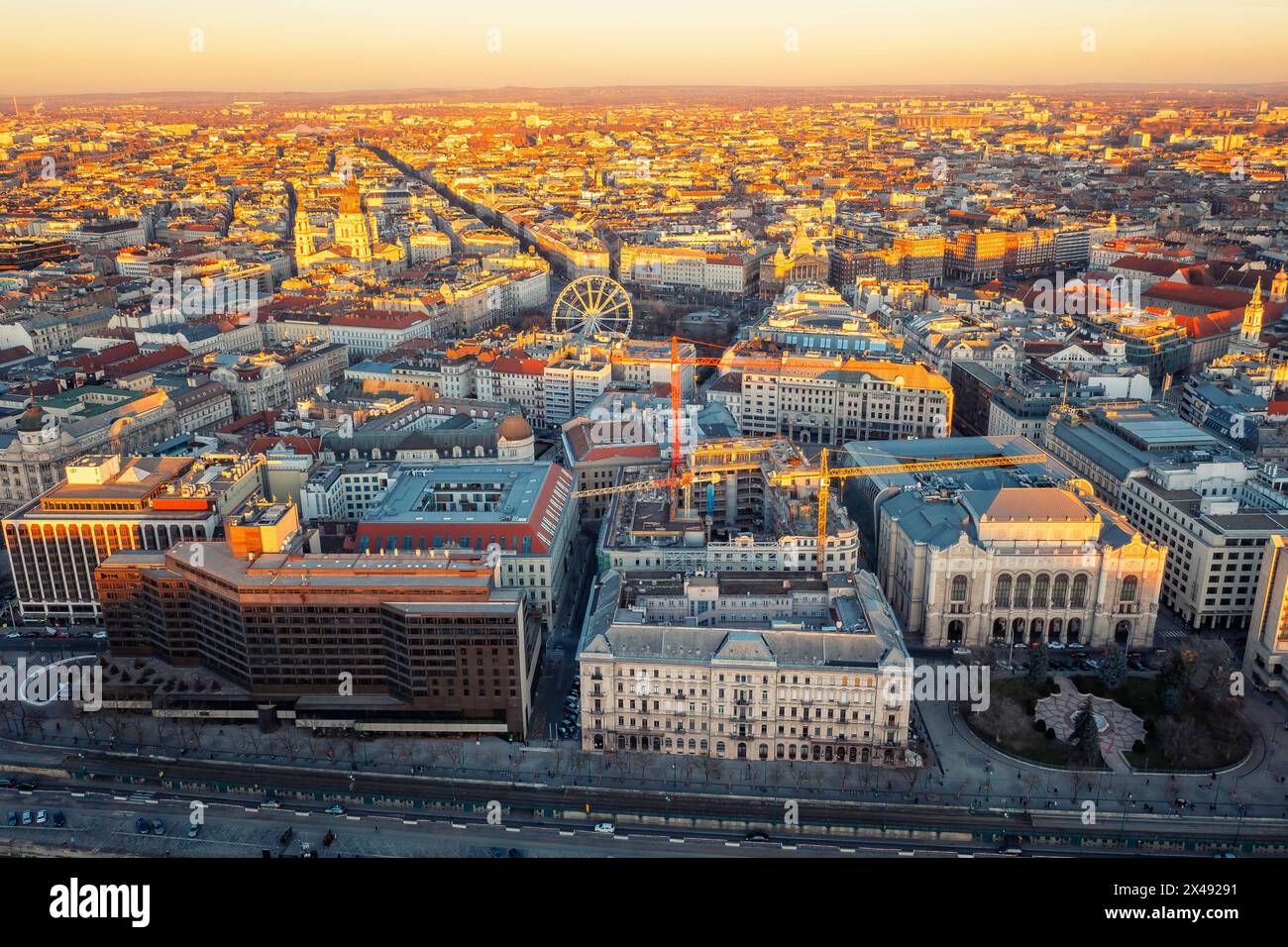 Budapest, Hungary. Drone view of Elizabeth Square, Ferris wheel, St ...