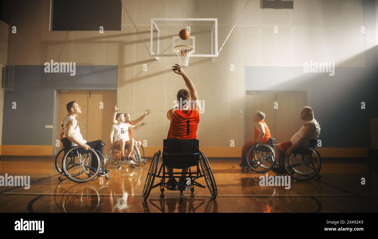 Wheelchair Basketball Game: Professional Players Competing, Dribbling ...