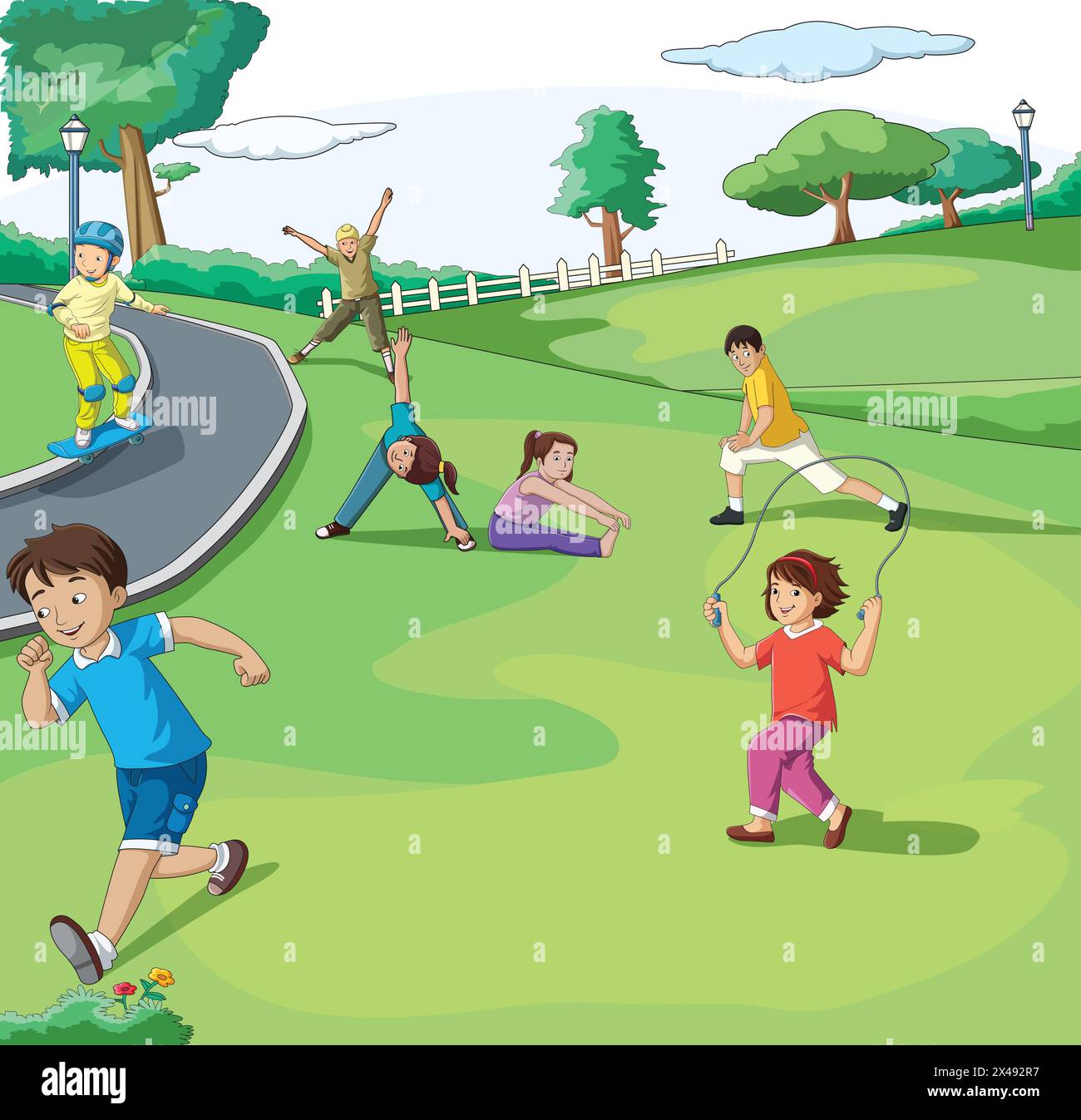 Playground scene with children playing, skipping, skating and ...