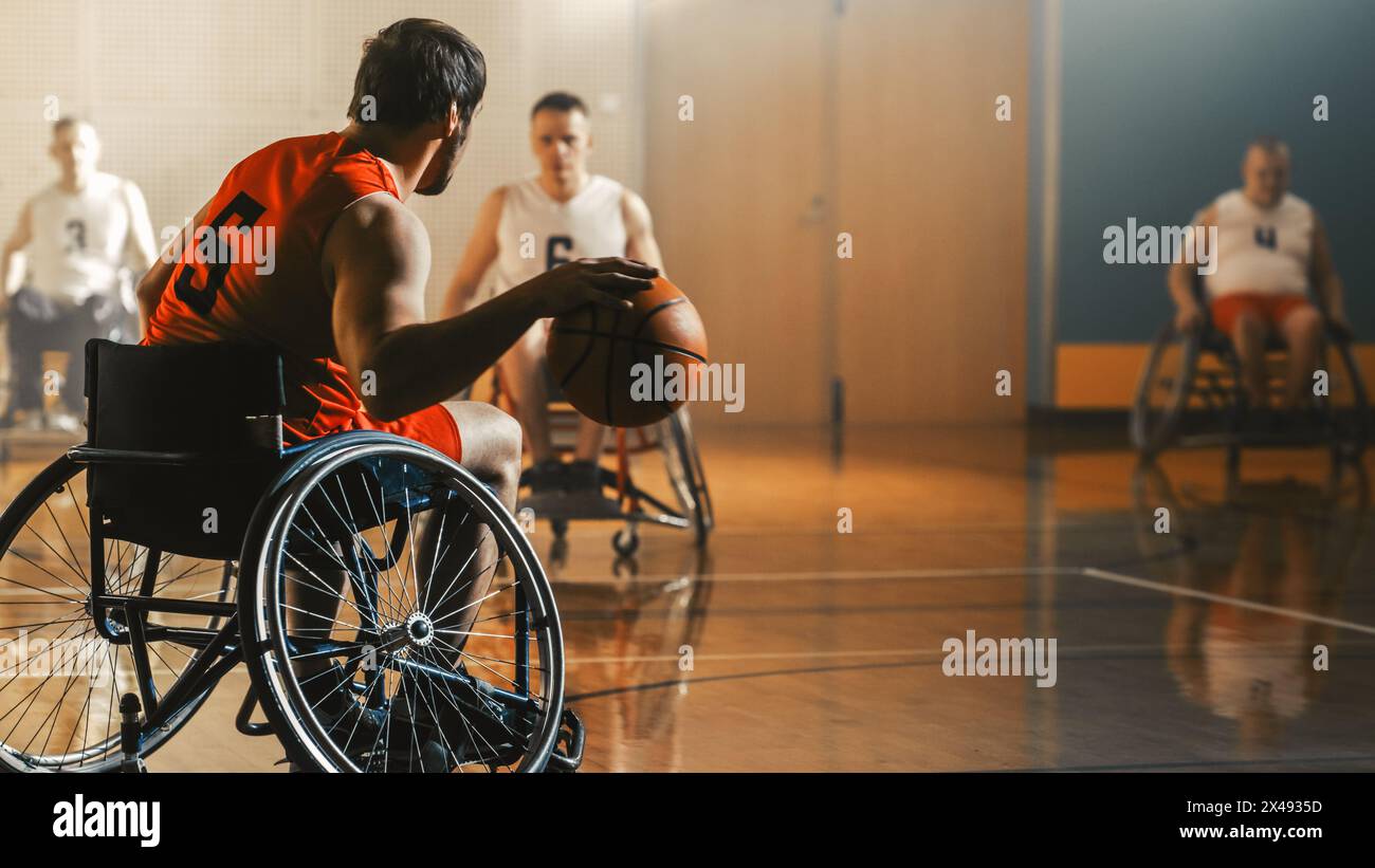 Wheelchair Basketball Game Court: Active Professional Player Dribbling Ball, Prepairing to Shoot ...