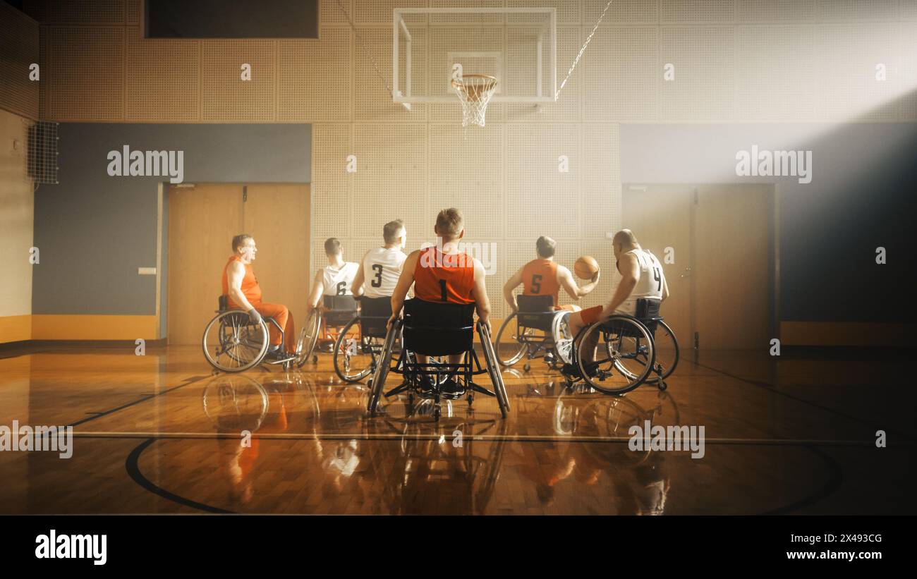 Wheelchair Basketball Game: Professional Players Competing, Dribbling ...