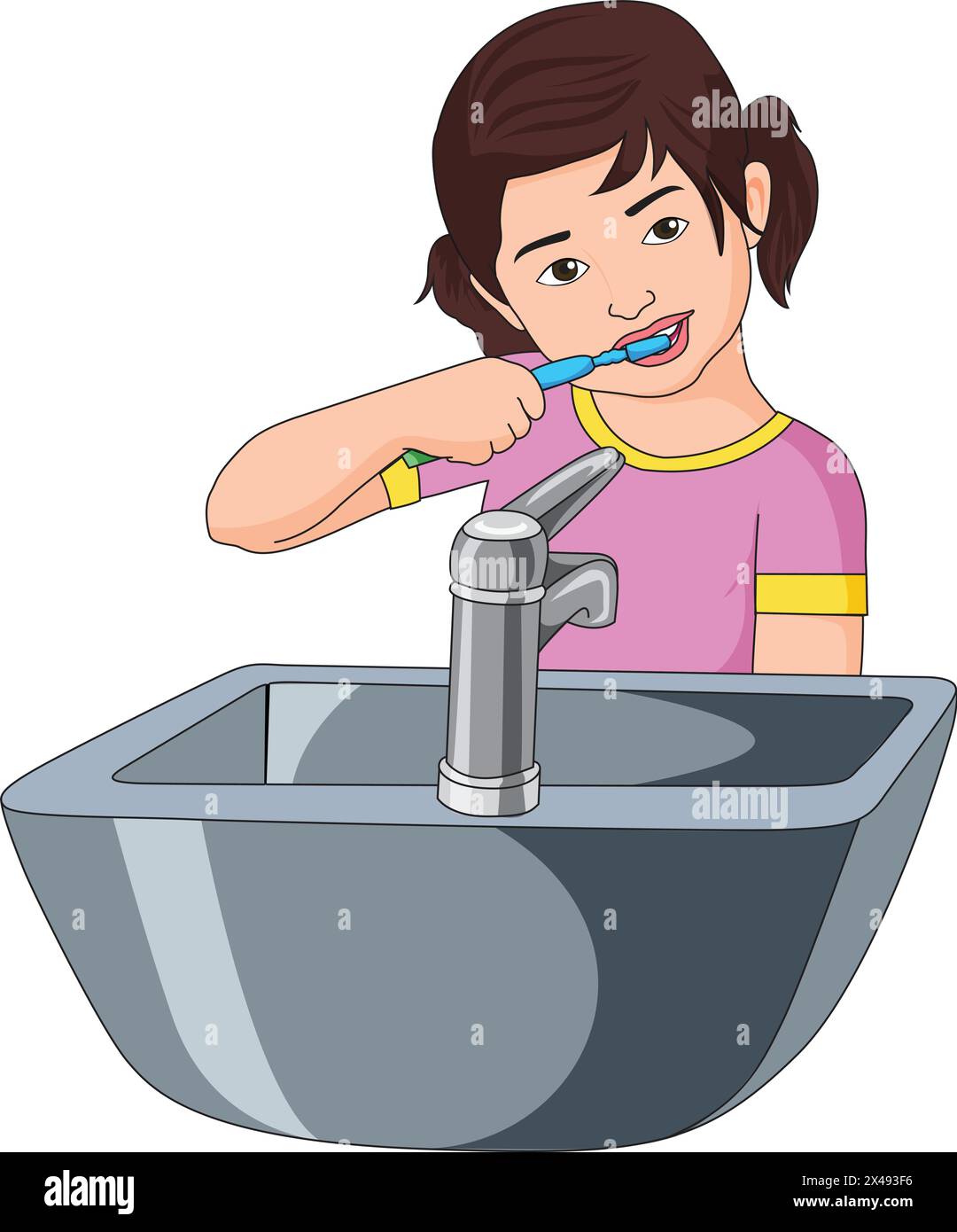 Cute girl brushing her teeth with a toothbrush in front of wash basin ...