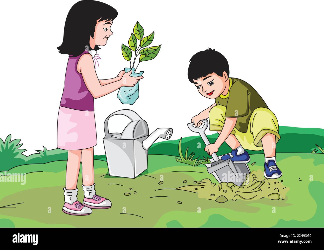 Boy and girl planting trees Stock Vector Image & Art - Alamy