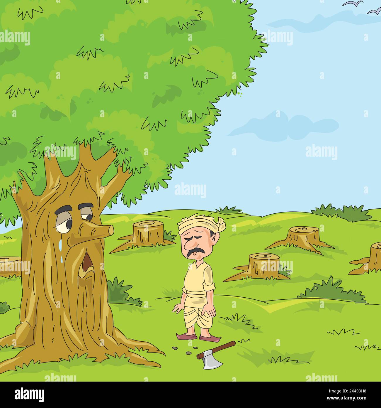 Tree crying for help from the man and man listening carefully with an ...