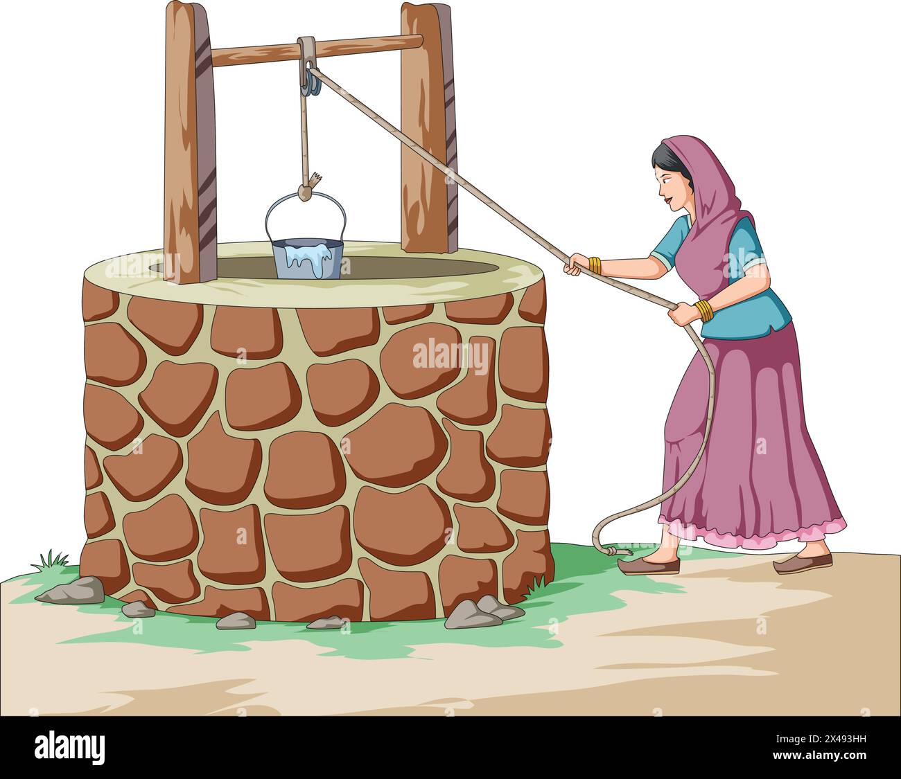 Village woman pulling out water in a bucket from well Stock Vector ...