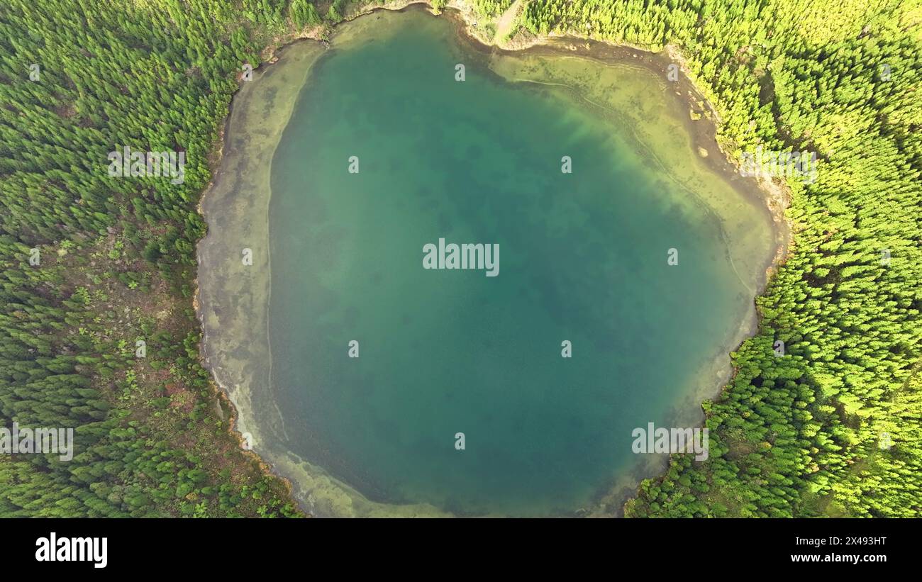 Aerial view lakes on green peaks, tropical island nature. Lagoa das ...