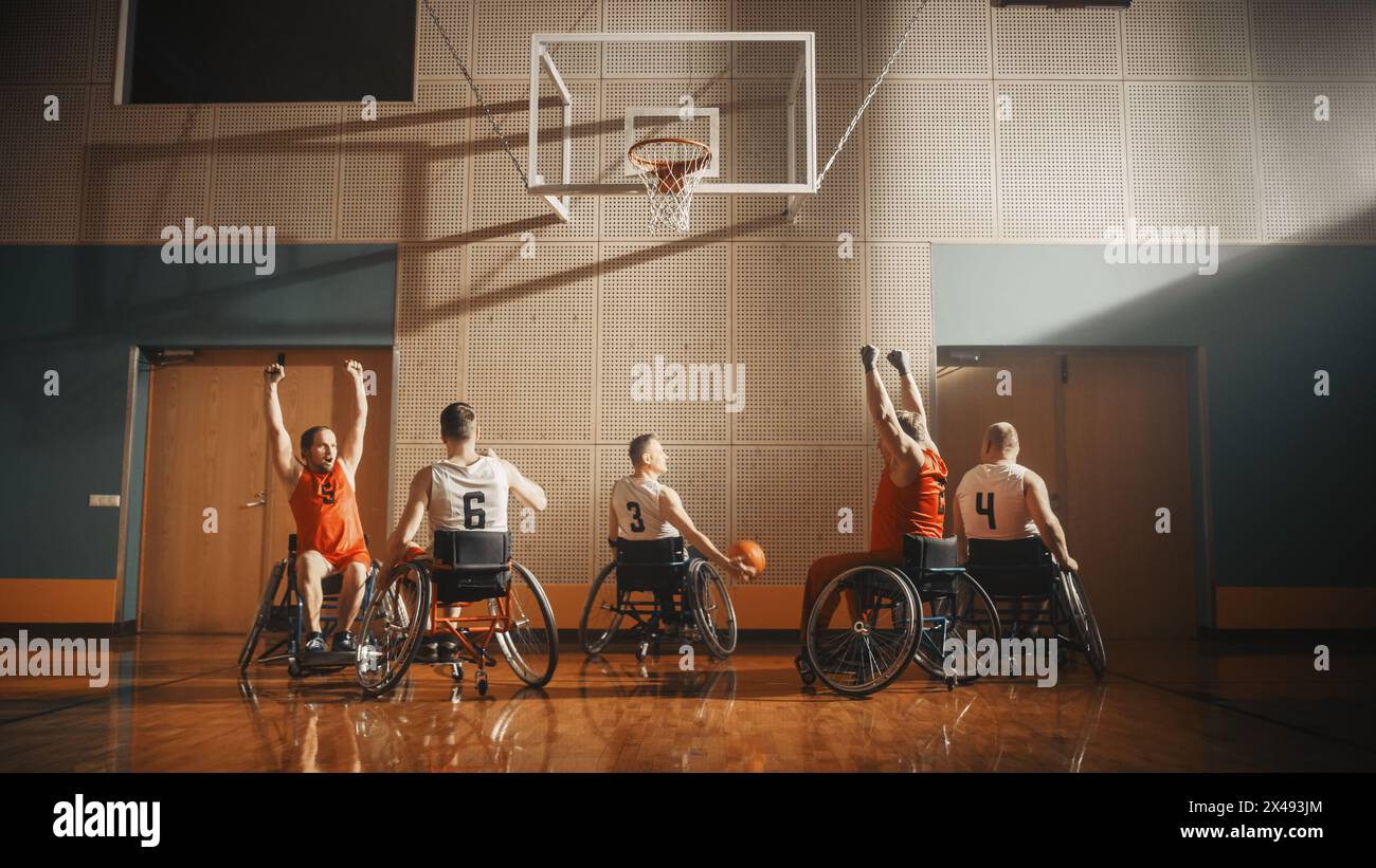 Wheelchair Basketball Game: Professional Players Competing, Dribbling ...