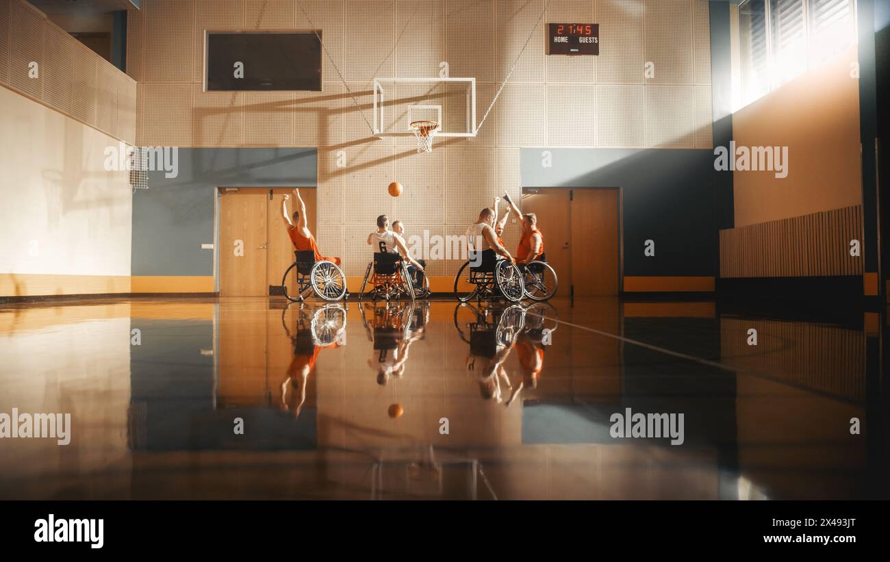 Wheelchair Basketball Game: Professional Players Competing, Dribbling ...