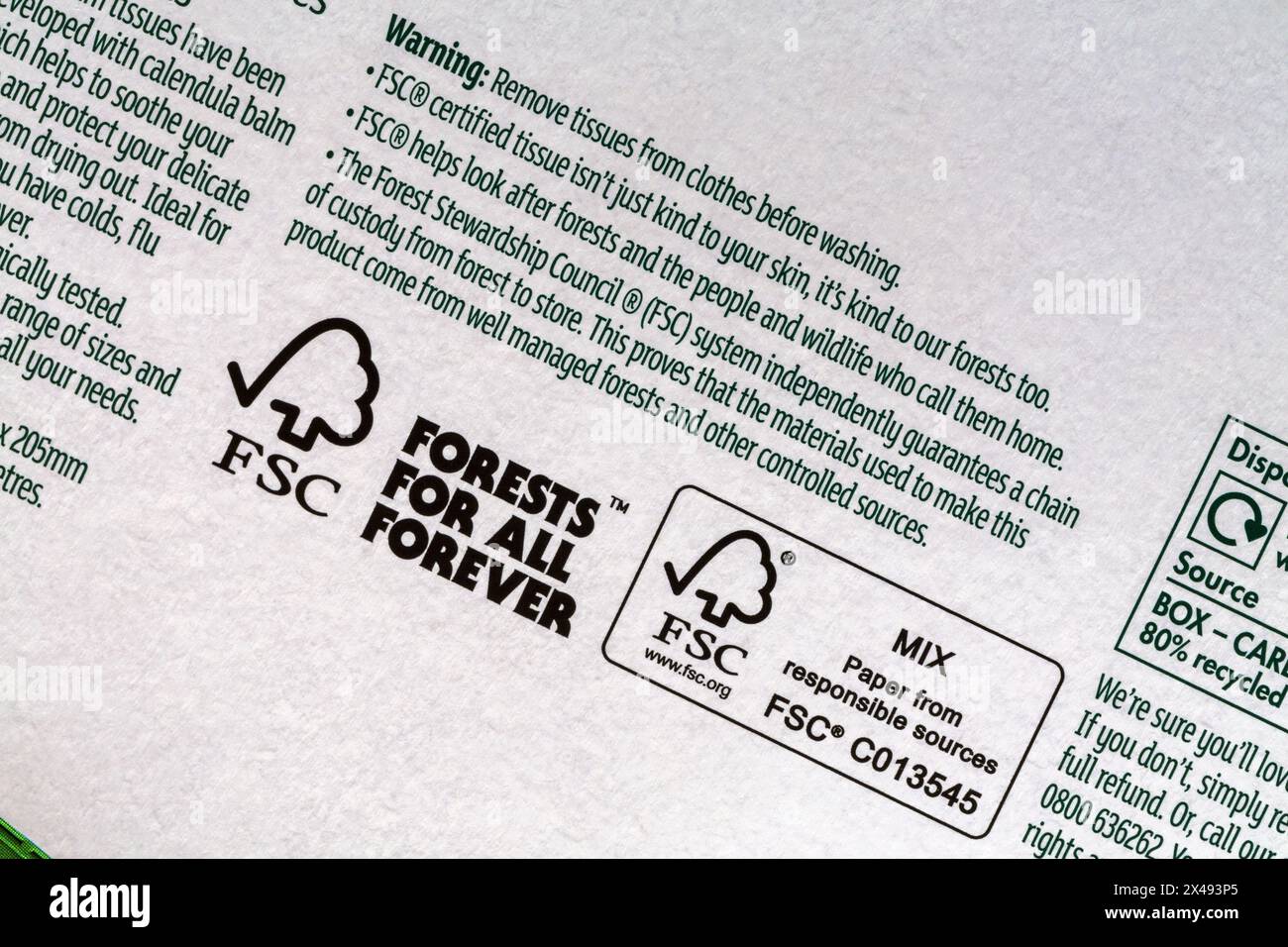 FSC Forest Stewardship Council logo symbol detail on pack of ultra balm lotioned tissues by ...