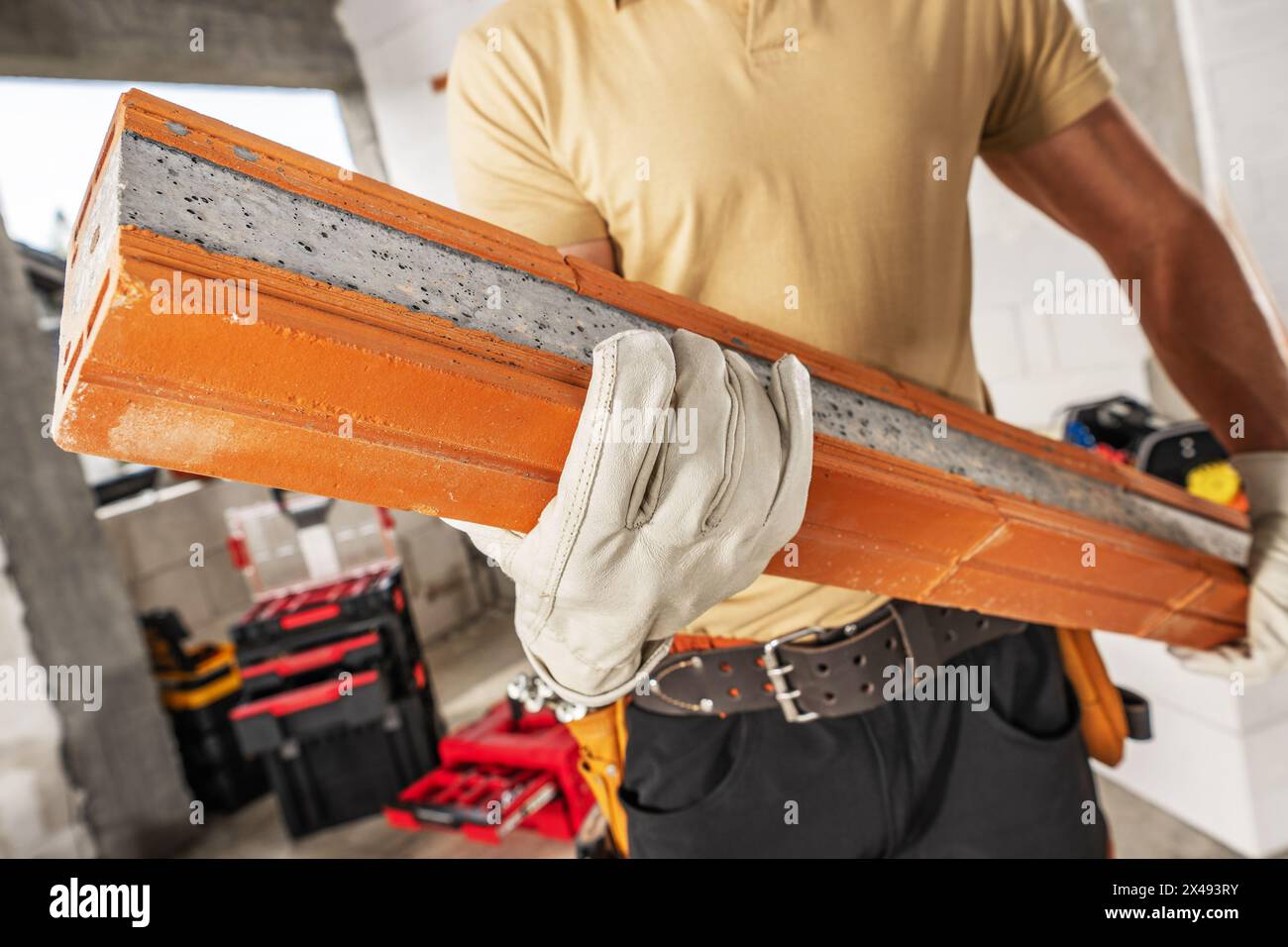 Construction Site Contractor Worker Moving Piece of Concrete Lintel ...
