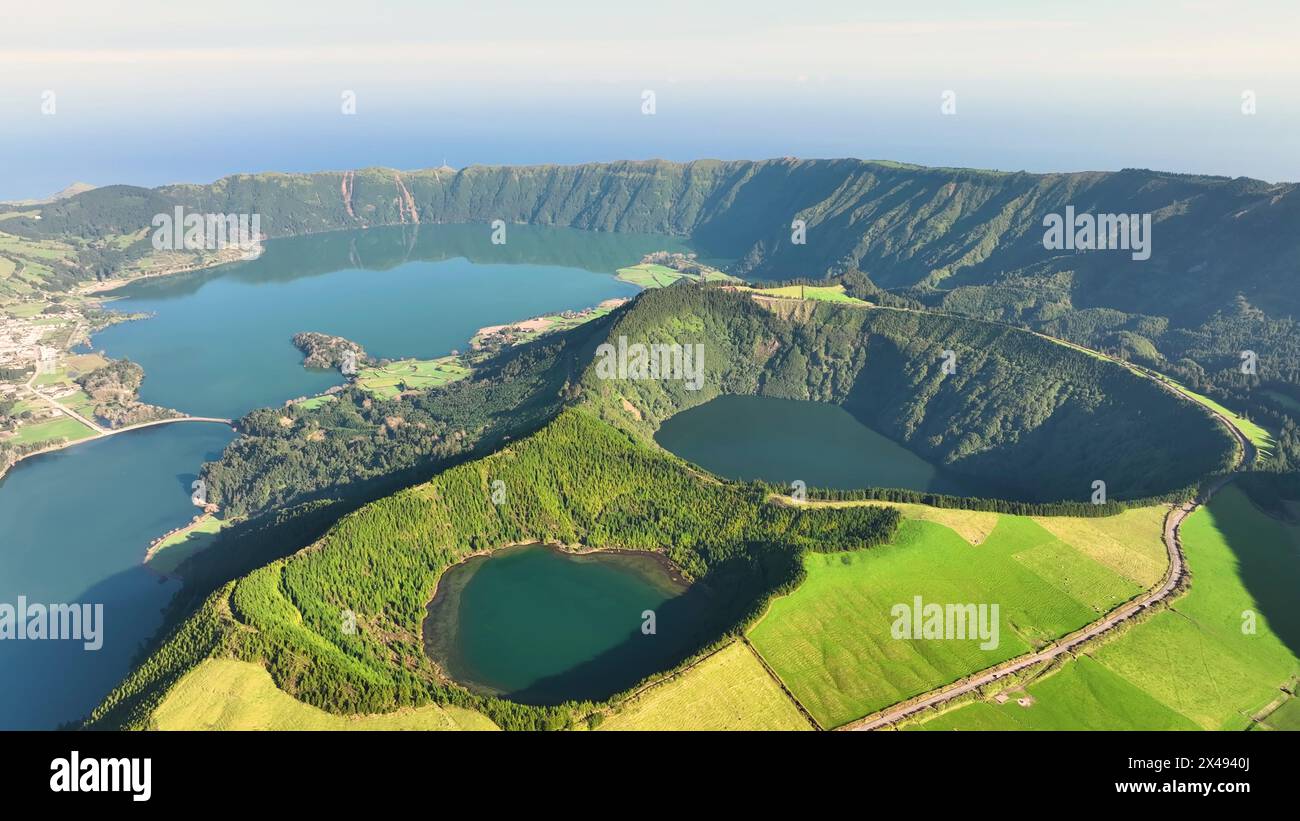 Aerial view lakes on green peaks, tropical island nature. Lagoa das ...