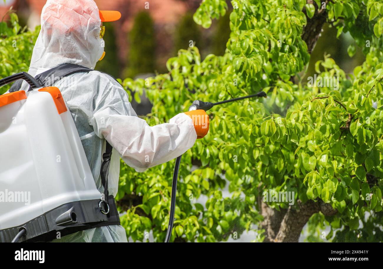 Professional Gardener Wearing Protection Clothing Insecticide Garden ...
