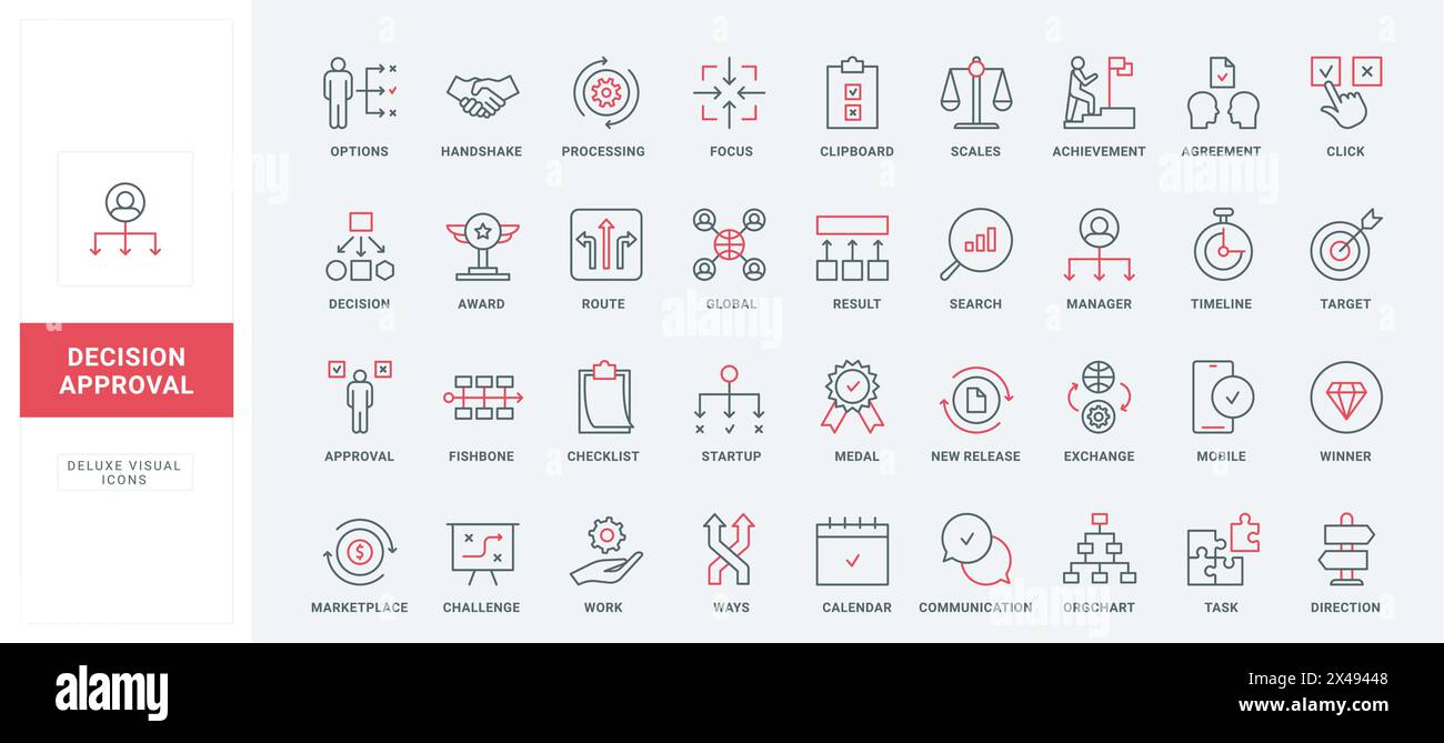 Approval of work decisions line icons set. Magnifying glass search for ...
