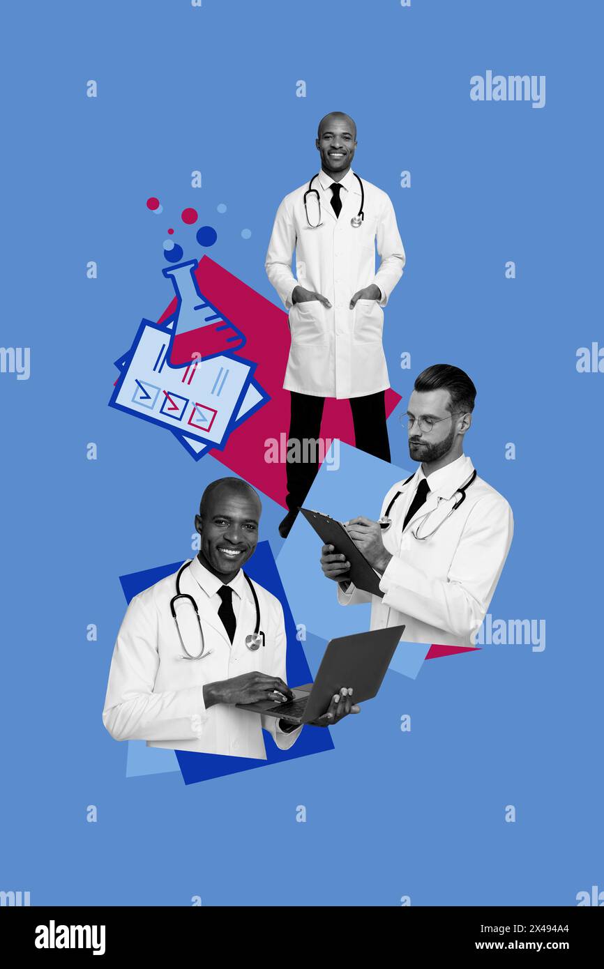 Vertical photo collage of two happy black white doc hold macbook device ...