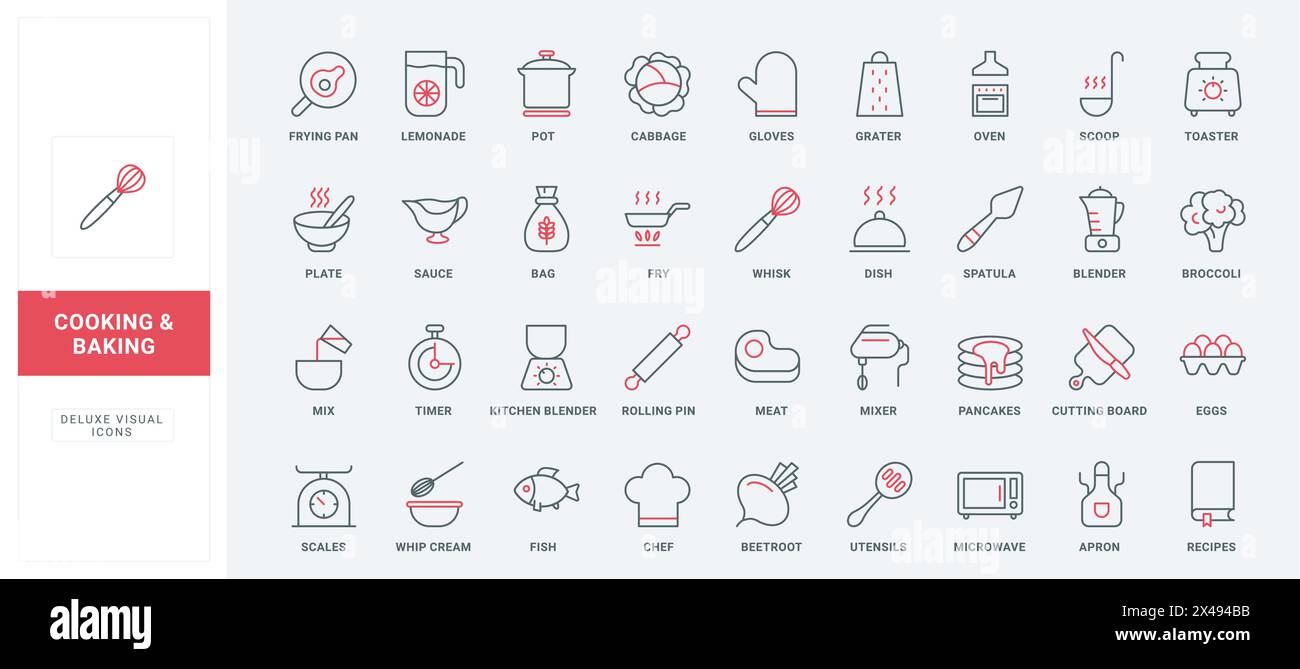 Kitchen tools to bake and cook, food ingredients line icons set. Pan ...