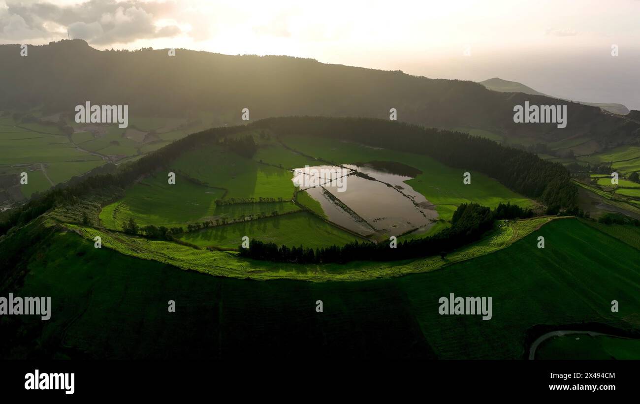 Aerial view lakes on green peaks, tropical island nature. Lagoa das ...