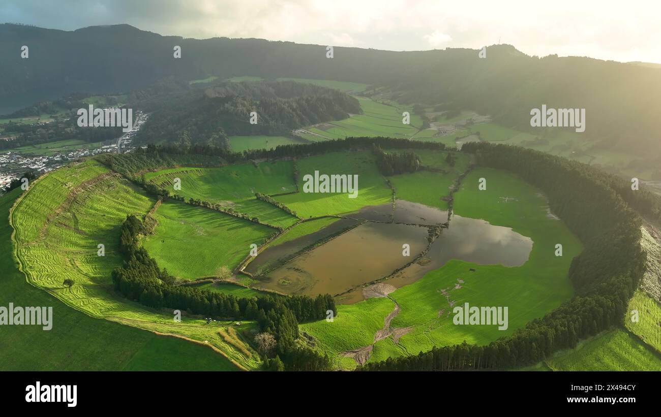 Aerial shot picturesque paradise of Sete Cidades. Volcanic craters and ...