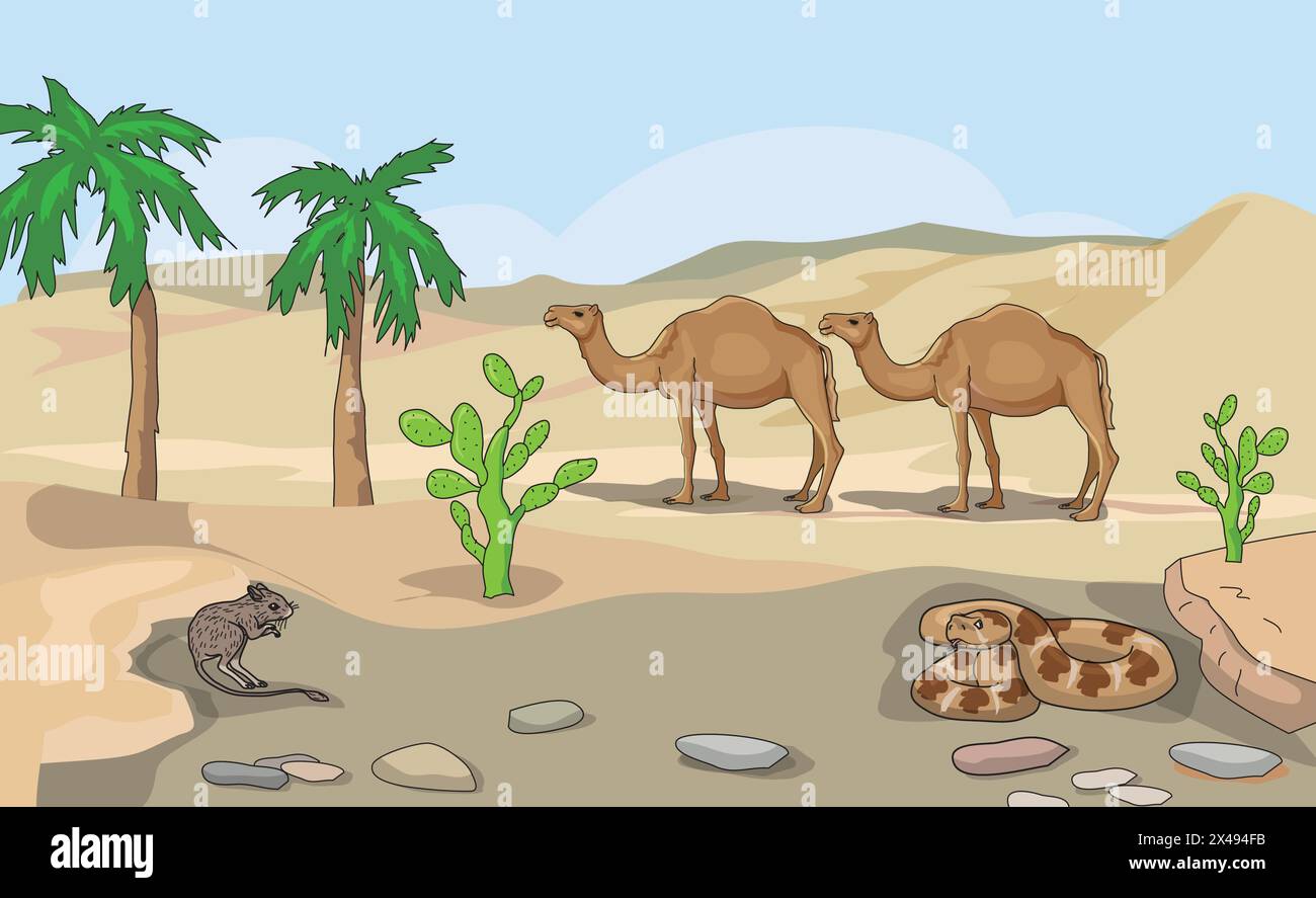 A desert field with palm trees, cactus, snakes, squirrel and two camels ...