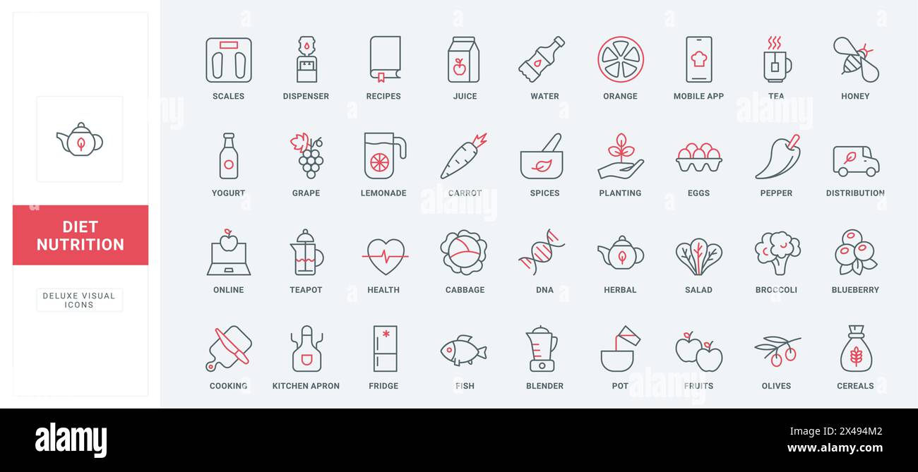 Diet line icons set. Healthy nutrition for weight loss, scales and ...