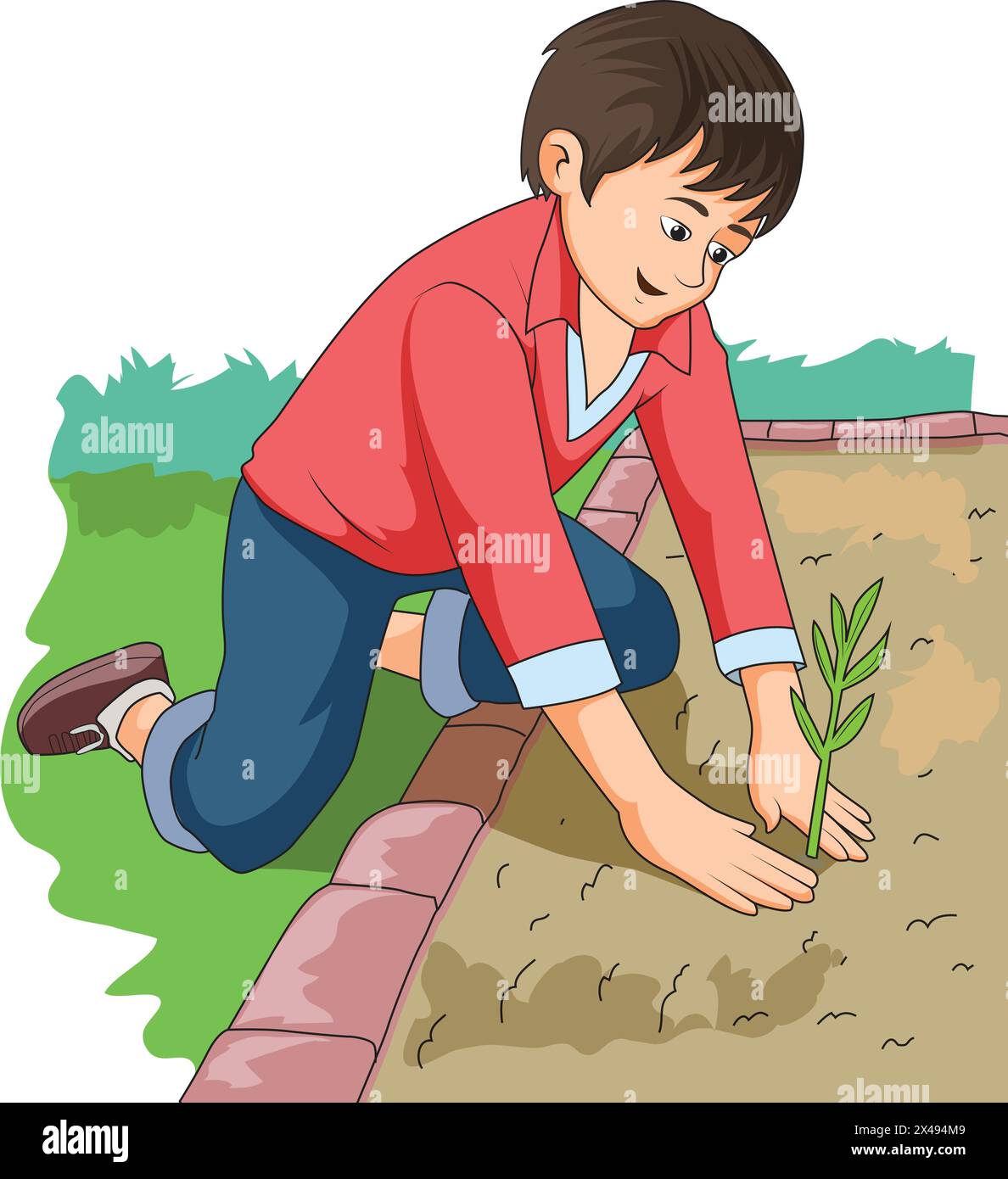 Cute and happy boy planting a sapling in the soil Stock Vector Image ...