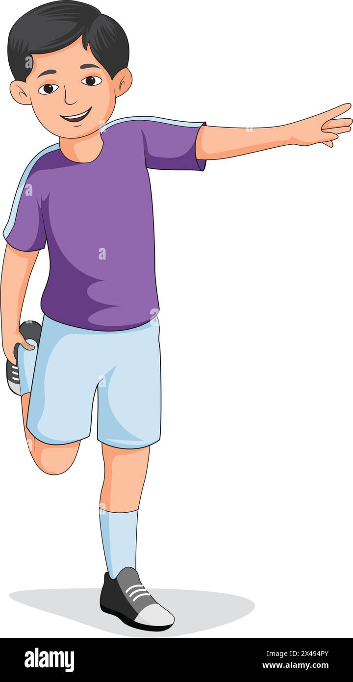 Cute boy smiling and asking for help with one leg in his hand Stock ...