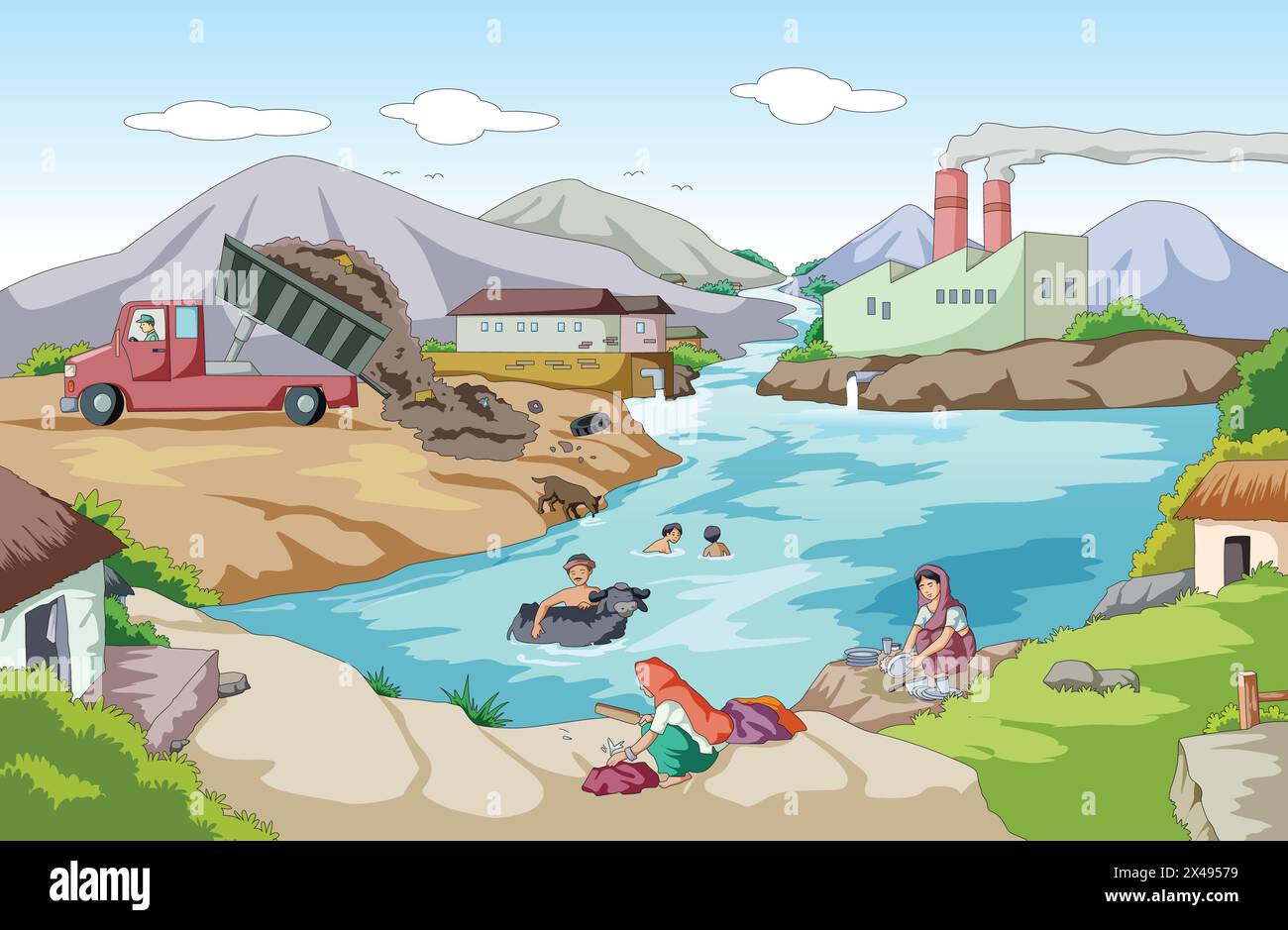 Illustration showing dumping of waste material and pollution of water ...