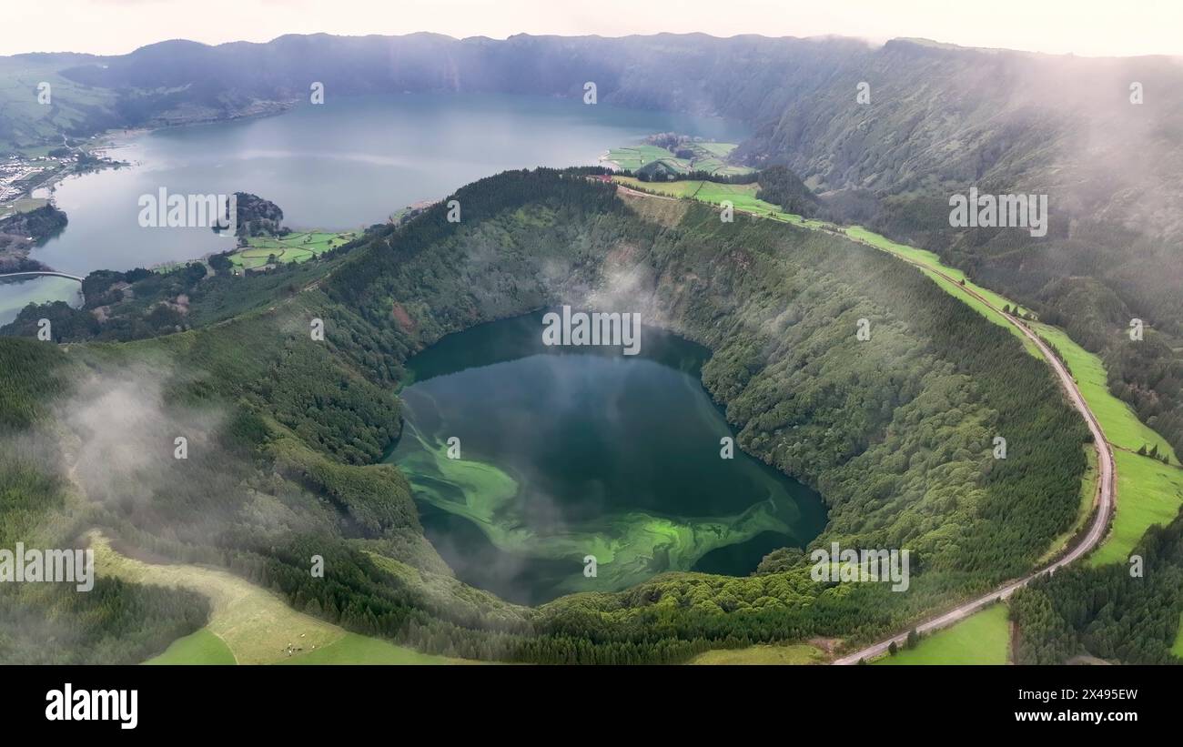 Aerial view lakes on green peaks, tropical island nature. Lagoa das ...